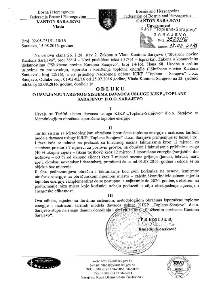 Odluka Usvajanje Tarifnih Stavova | PDF