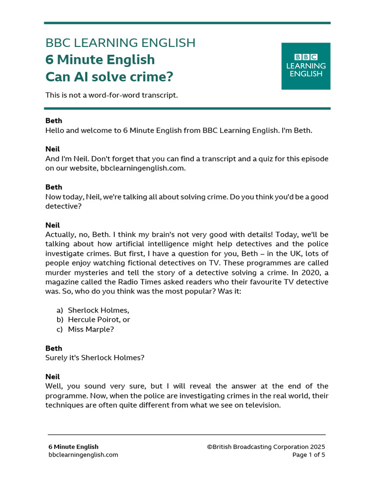 6 Minute English Can Ai Solve Crime Transcript | PDF | Crime Fiction | Crime Thriller