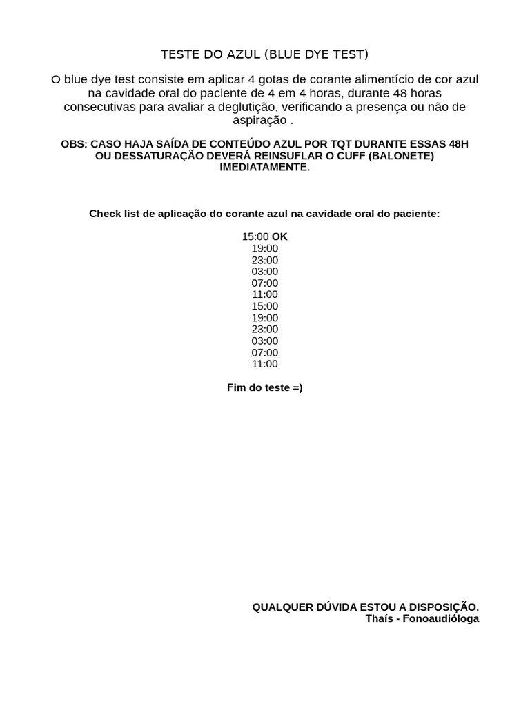 Check List Blue Dye Test | PDF
