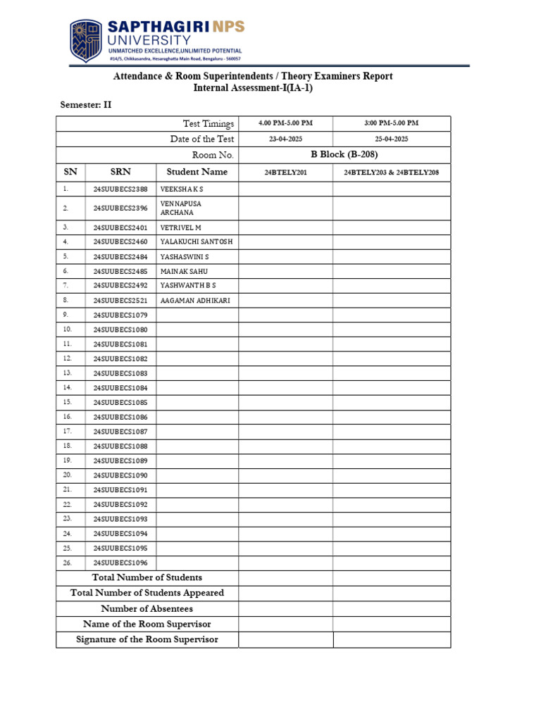 Attendance Report for IA-1 Exam | PDF