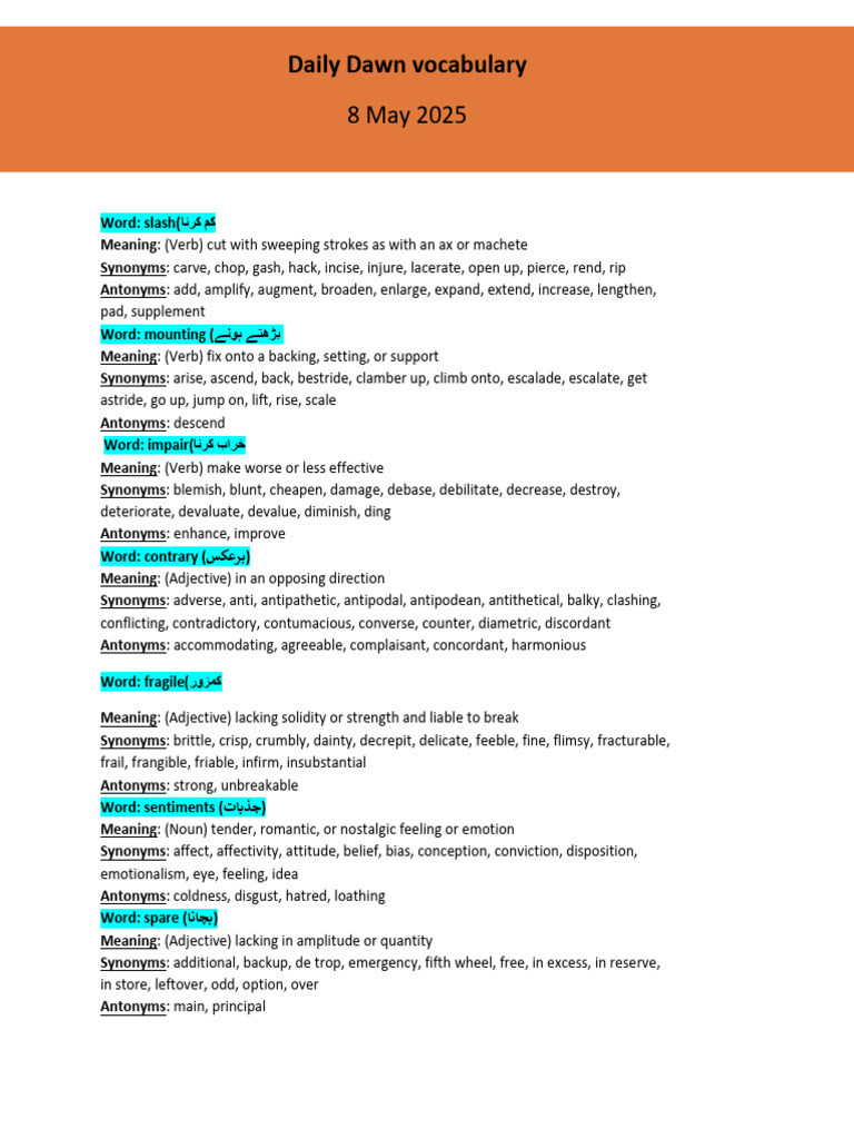 8 May 2025 Daily Dawn Vocabulary | PDF | Language Mechanics | Lexical ...