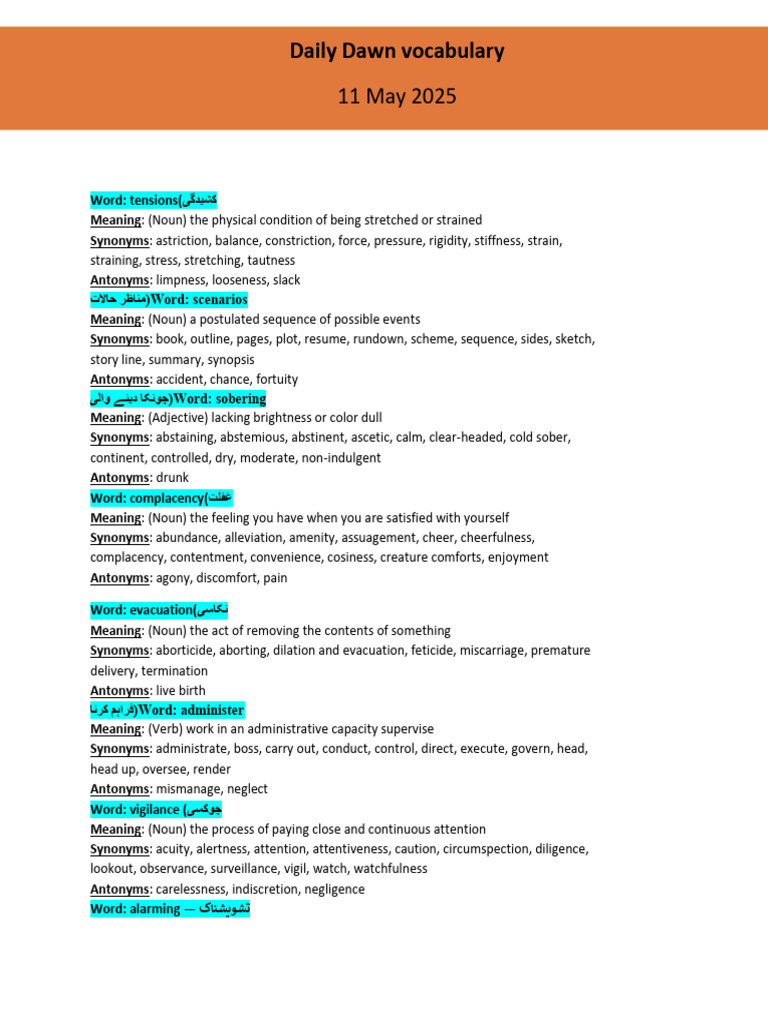 11 May 2025 Daily Dawn Vocabulary | PDF | Grammar | Syntax