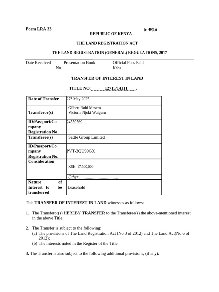 LRA 33: Land Transfer Form Kenya | PDF | Government And Personhood