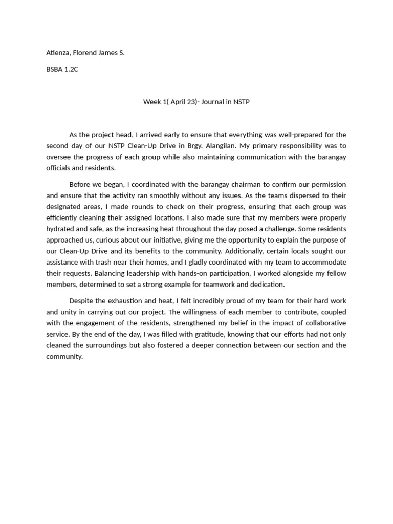 Atienza FlorendP Journal (NSTP) | PDF | Leadership | Social Psychology