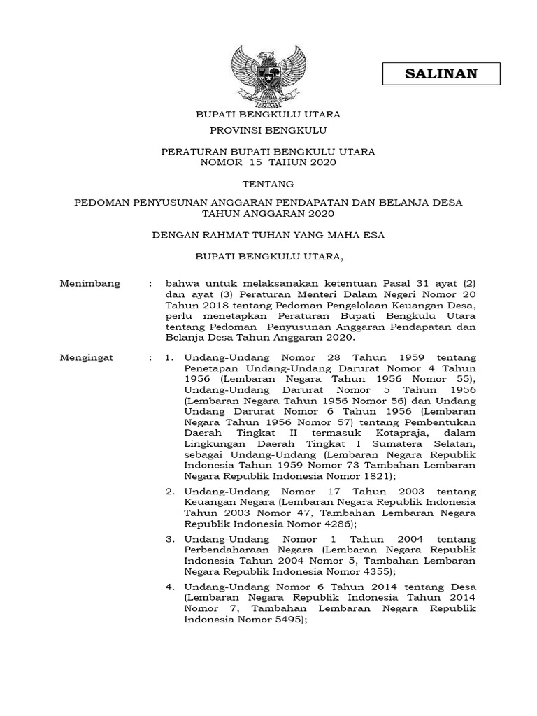 Peraturan Bupati Bengkulu Utara Nomor 15 Tahun 2020 Tentang Pedoman Penyusunan Anggaran ...