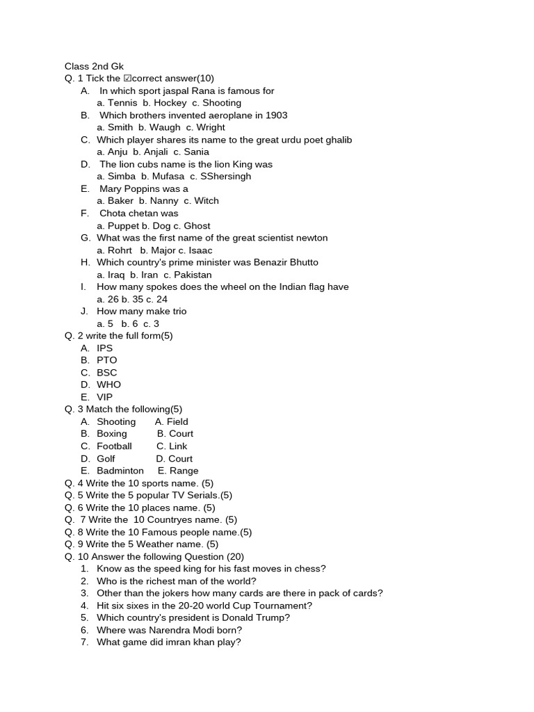 Class 2 General Knowledge Quiz | PDF