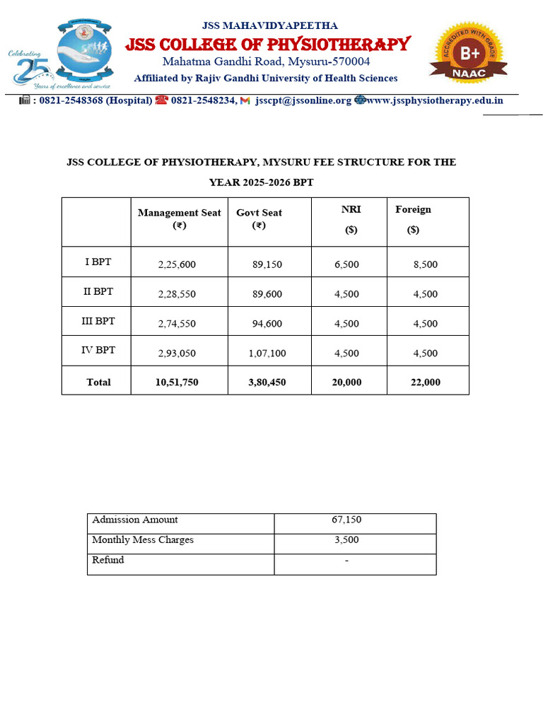 Fee Stucture 2025 26 1 BPT | PDF