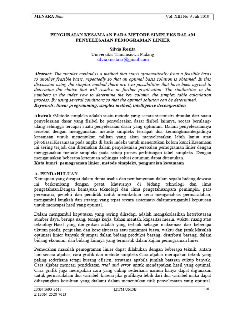 Penguraian Kesamaan Pada Metode Simpleks Dalam Penyelesaian Pemograman ...