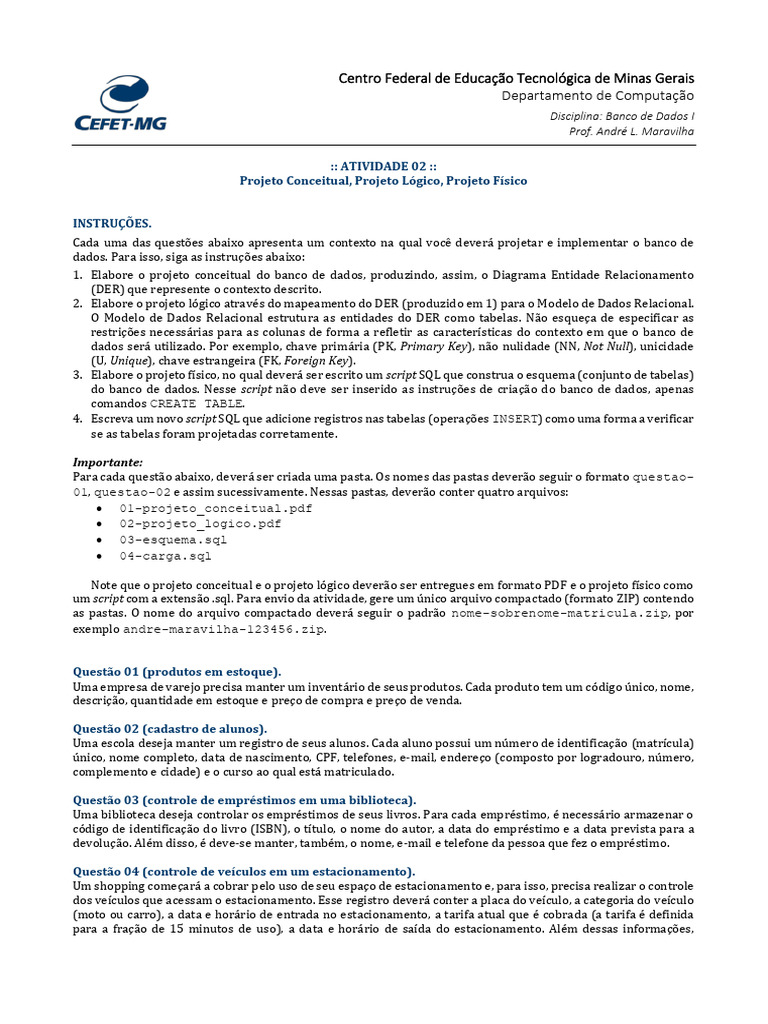 Lista 02 - Projeto de Bancos de Dados | PDF | Modelo relacional ...