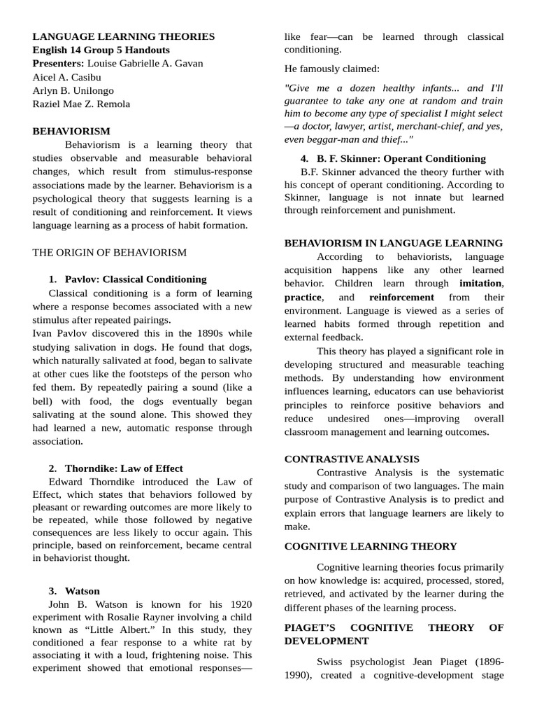 Theories On Language Learning Handouts | PDF | Behaviorism | Learning