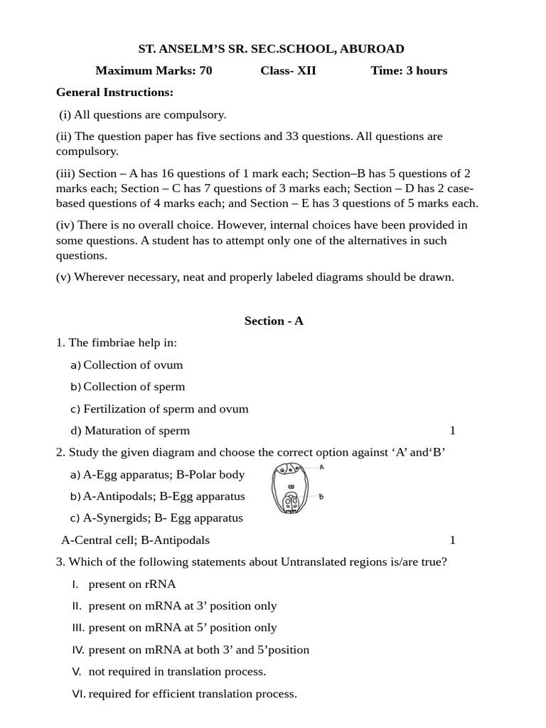 Class XII Biology Question Paper | PDF | Genetic Code | Nucleic Acid ...