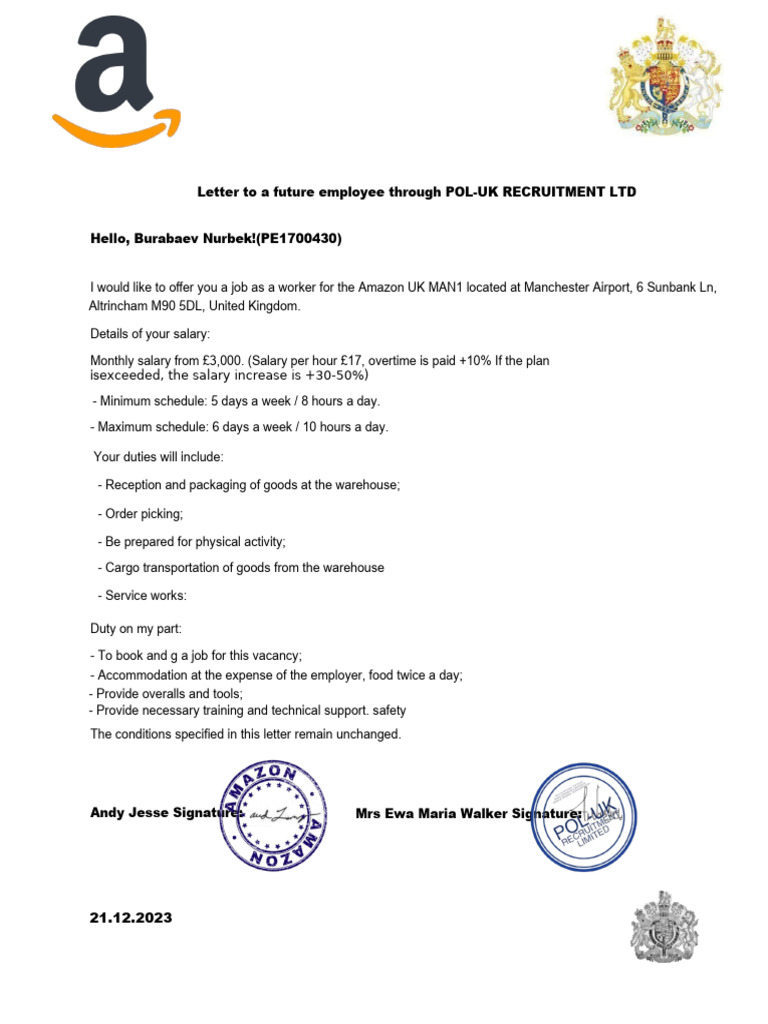 Job Offer for Amazon UK Warehouse Role | PDF