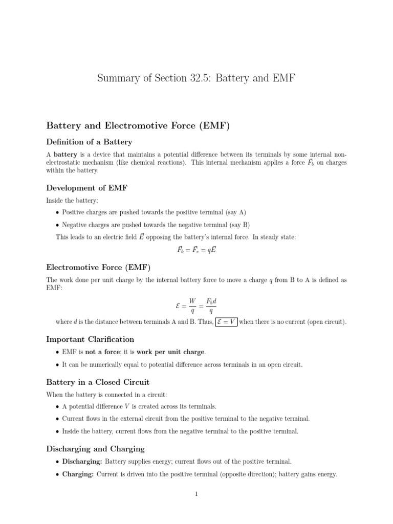 Summary of Section 32.5: Battery and EMF | PDF