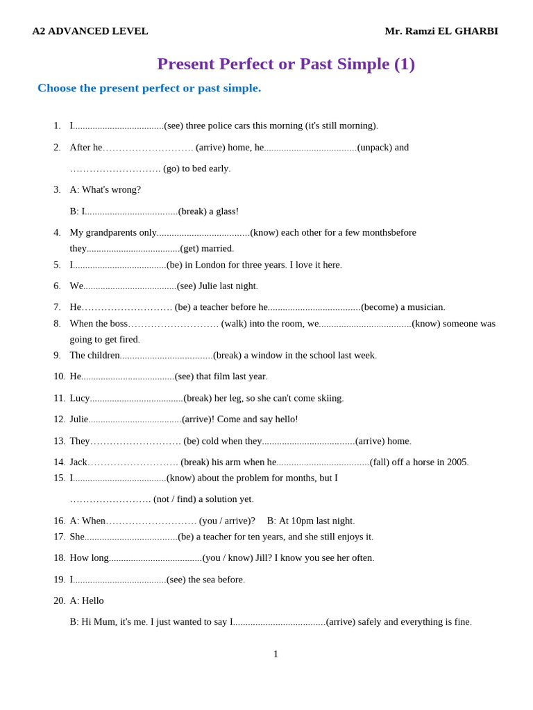 Present Perfect vs. Past Simple Exercises | PDF