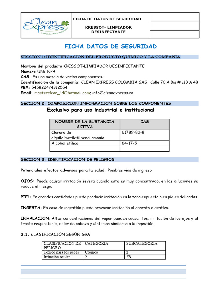 FDS LIMPIADOR DESINFECTANTE KRESSOT 2023- | PDF | Agua | Toxicidad