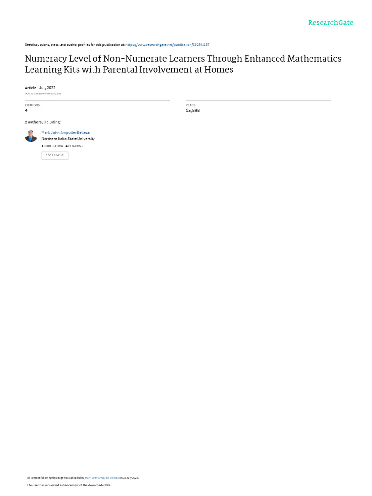Numeracy Level of Non-Numerate Learners Through Enhanced Mathematics Learning Kits With Parental ...