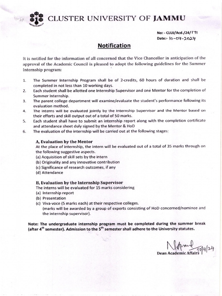 Notification and Proforma For Summer Intership Program | PDF