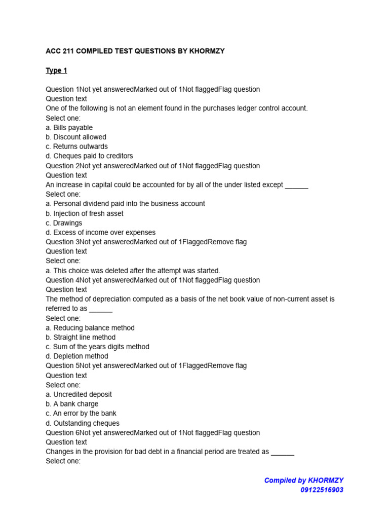 Acc211 Compiled Test Questions For 2023 - 24 Session | PDF | Debits And ...