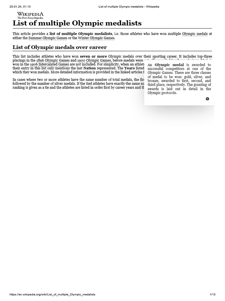 List of Multiple Olympic Medalists - Wikipedia | PDF | Olympic Games | Nations At The Olympics