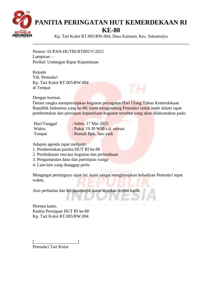 Undangan Rapat Panitia HUT RI ke-80 | PDF