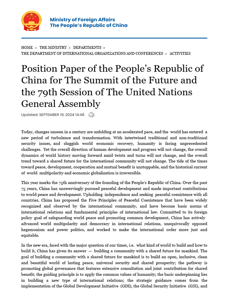 China's Position for UN Summit 2024 | PDF | United Nations ...