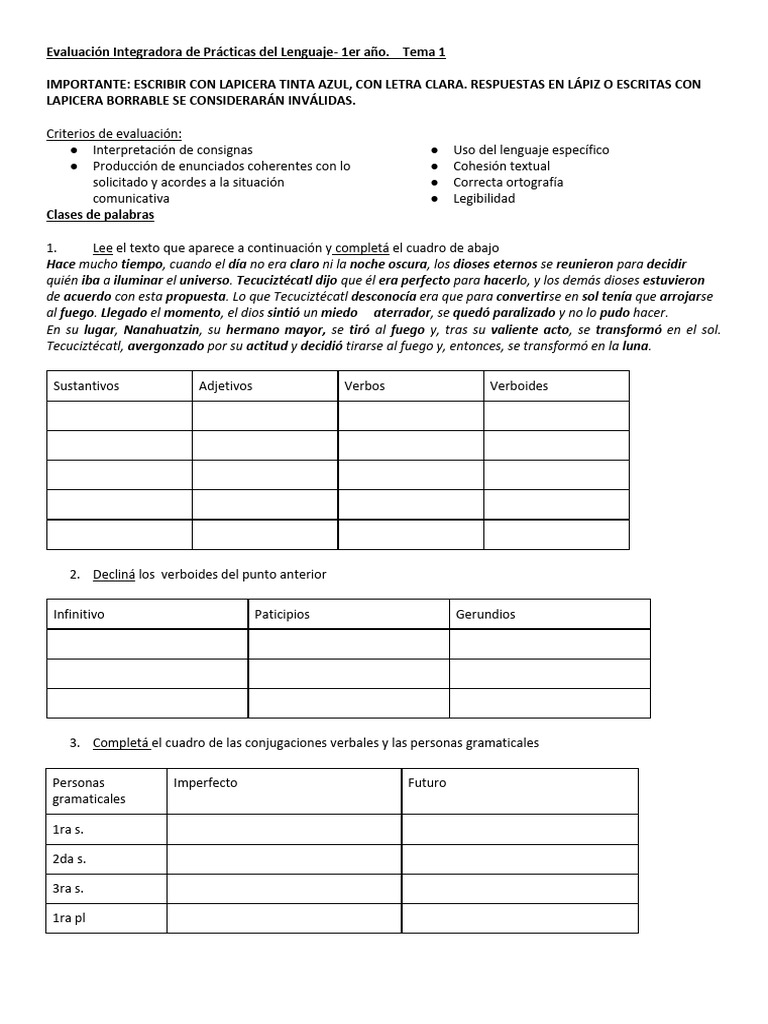 Evaluación de Prácticas del Lenguaje 1° Año | PDF | Verbo | Belleza