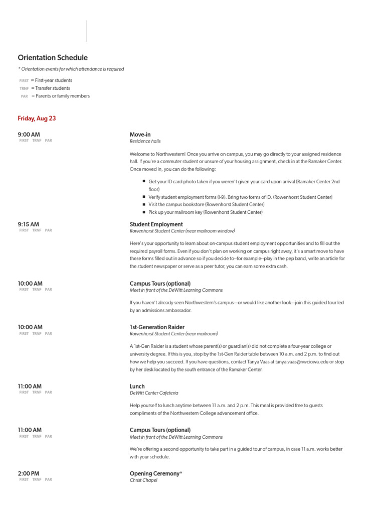 NWC Fall Orientation - Northwestern College in Iowa | PDF