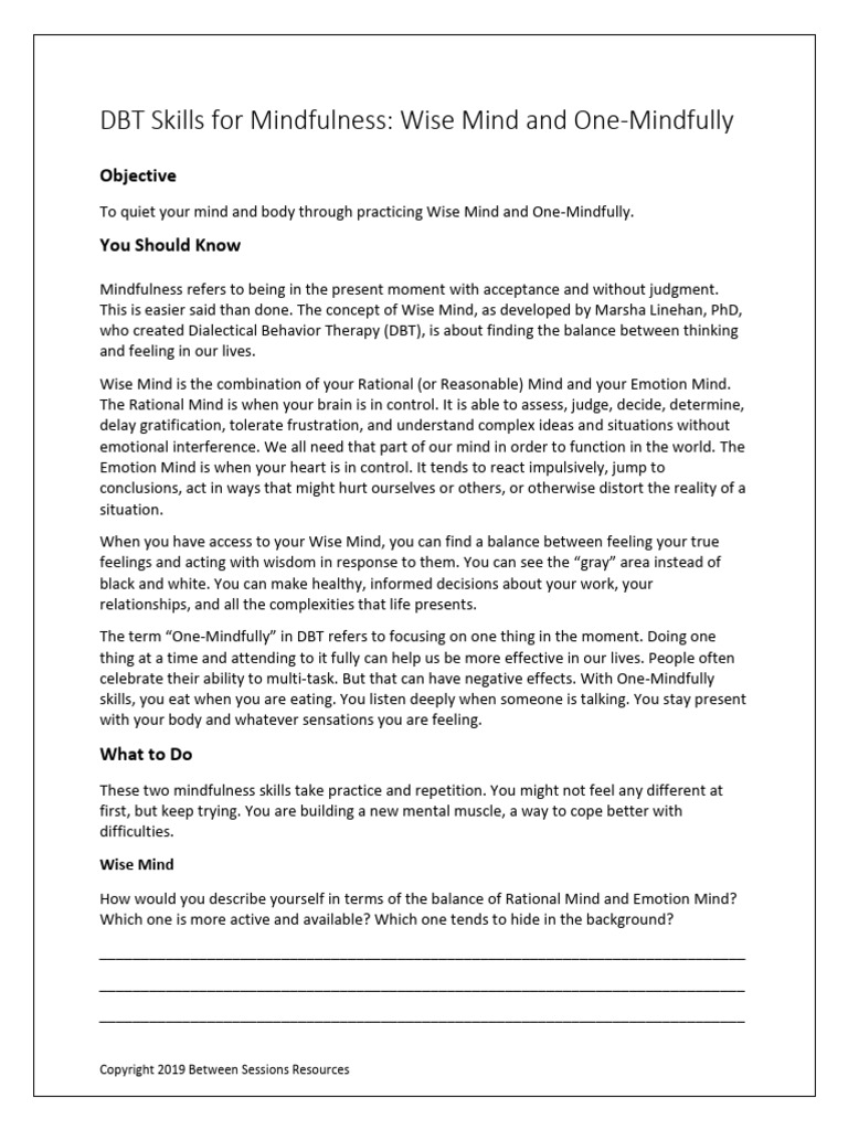 DBT Skills For Mindfulness Wise Mind and One Mindfully Ad 040919 | PDF ...