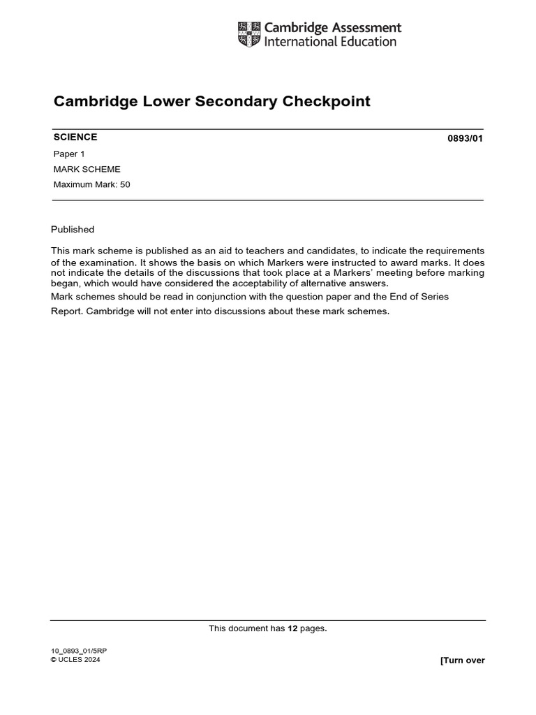 May 2025 Checkpoint Mark Scheme Science Paper 1 | PDF | Acid | Sulfur