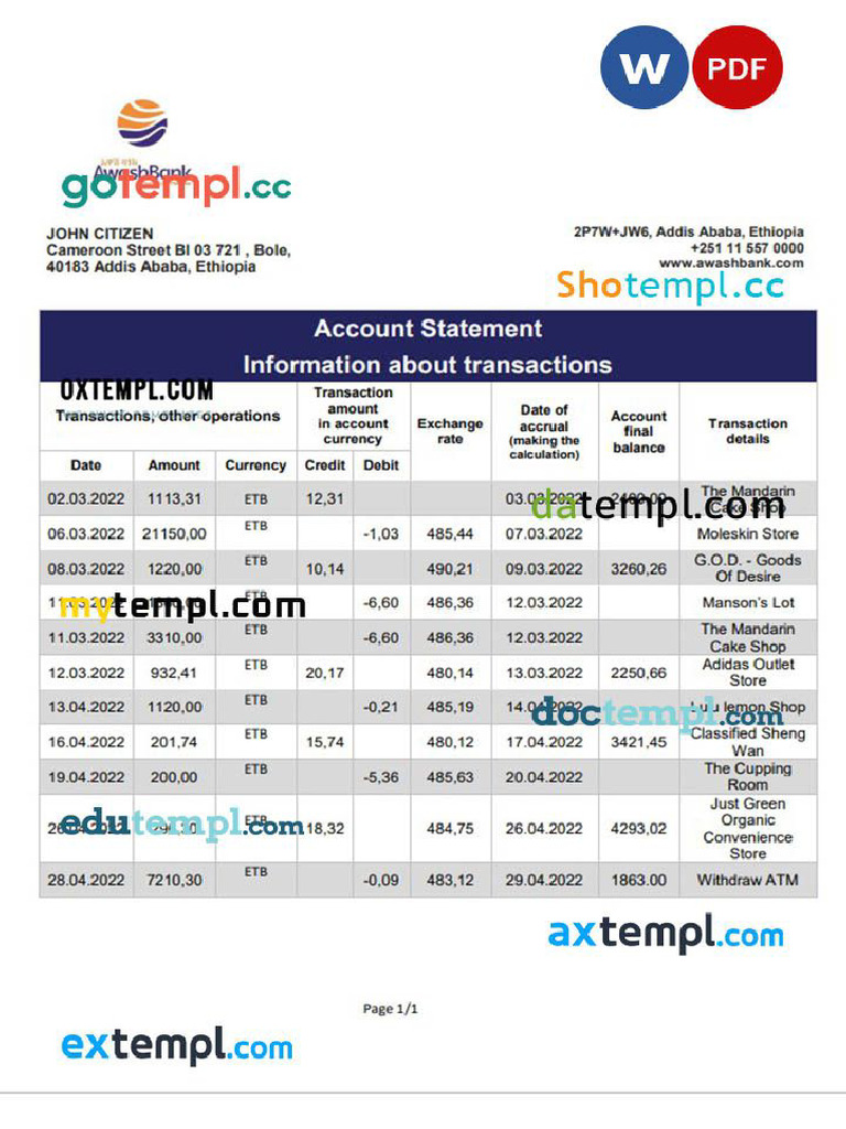 Doctempl - Ethiopia Awash Bank Statement Template Word and PDF | PDF