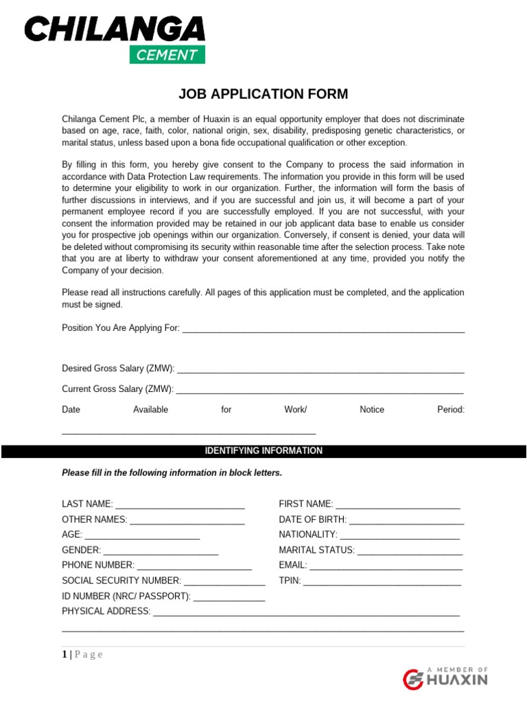 Pre Employment Application Form Chilanga Cement PLC | PDF | Salary