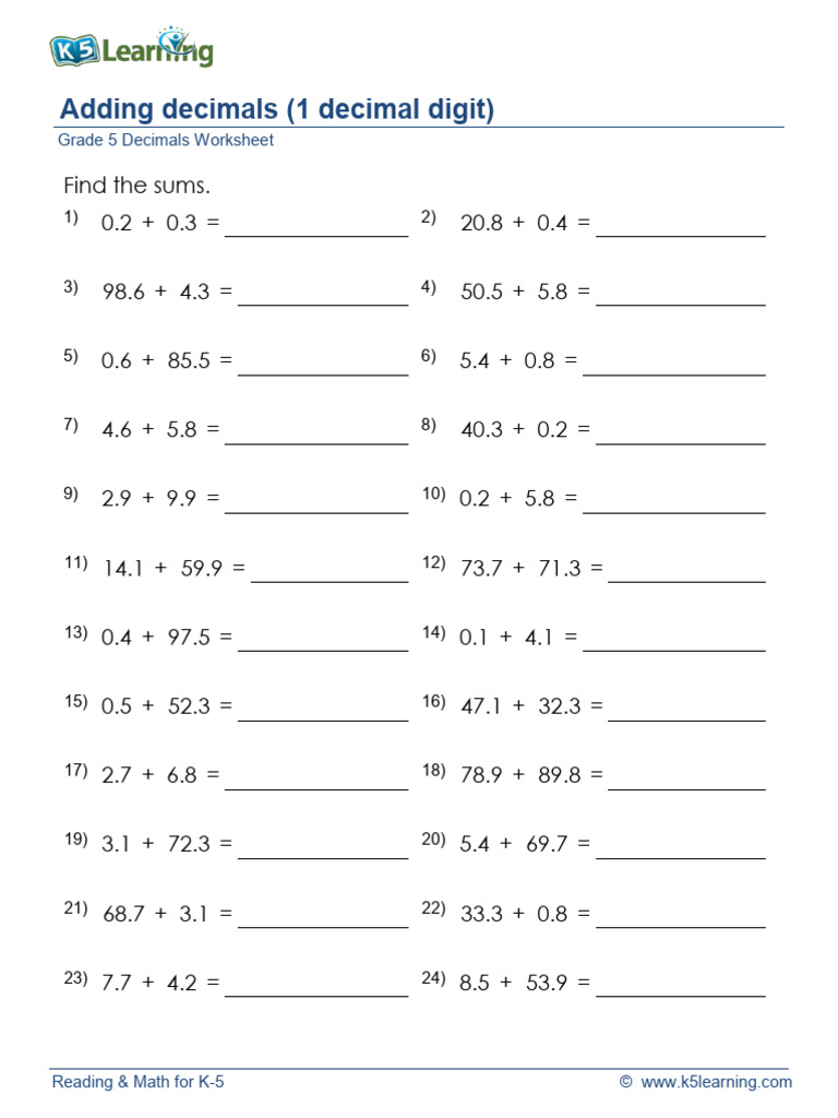 Grade 5 Adding Decimals 1 Digit D | PDF