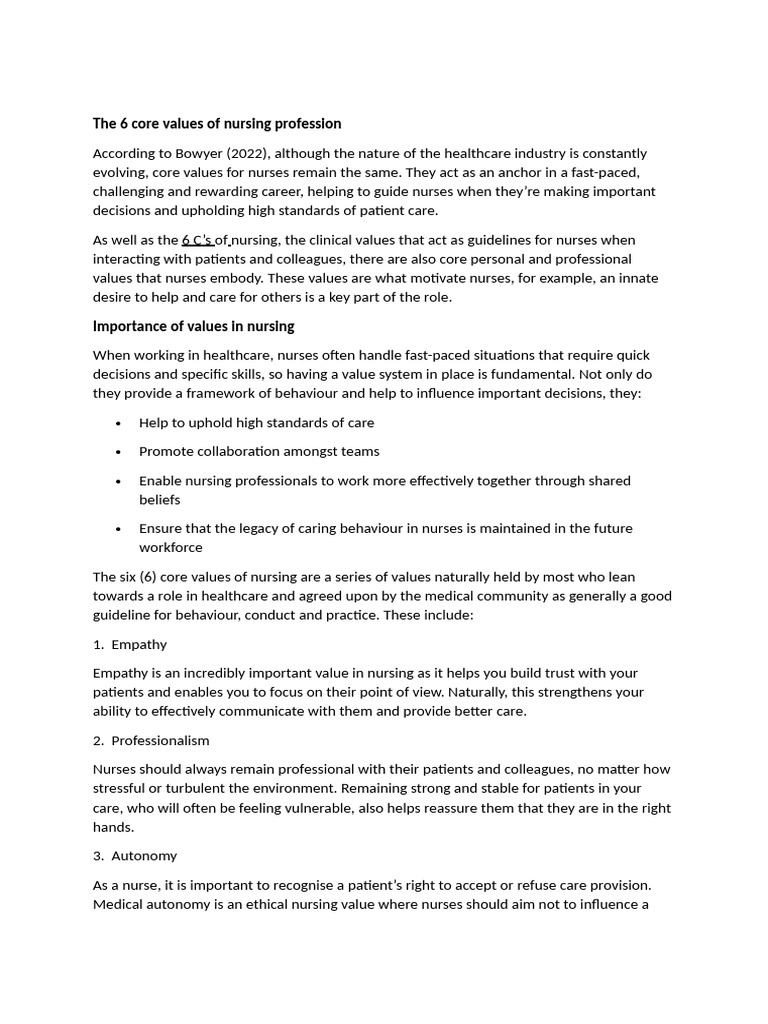 6 Core Values of Nursing Profession | PDF | Nursing | Autonomy