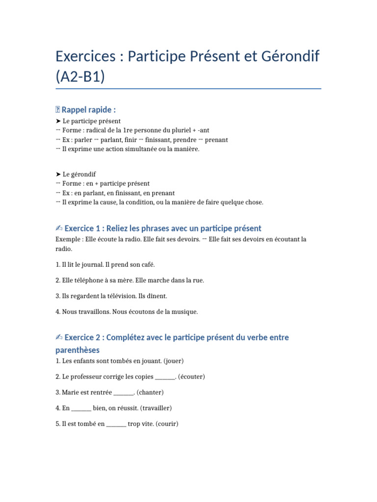 Exercices sur Participe Présent et Gérondif | PDF