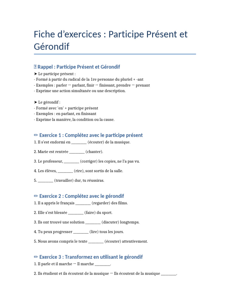 Exercices sur Participe Présent et Gérondif | PDF