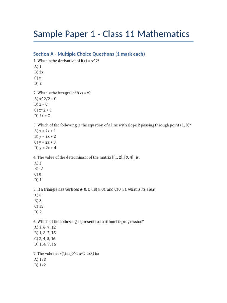 Mathematics Sample Paper 1 | PDF