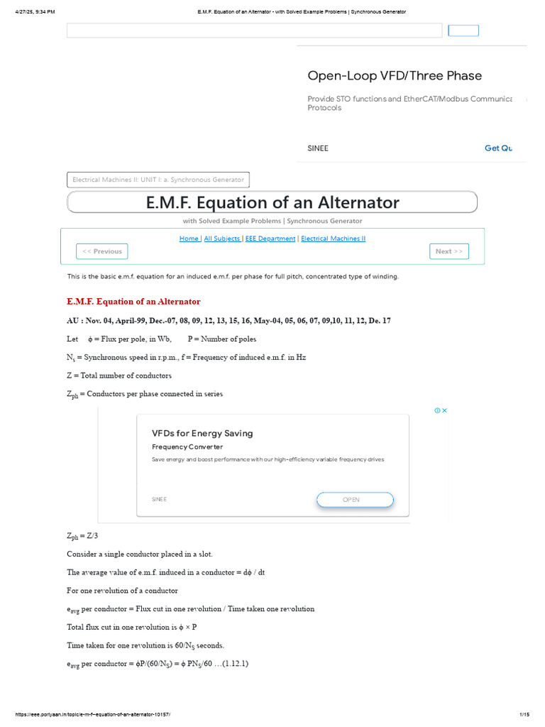 EMF Equation of an Alternator Explained | PDF | Electrical Engineering ...