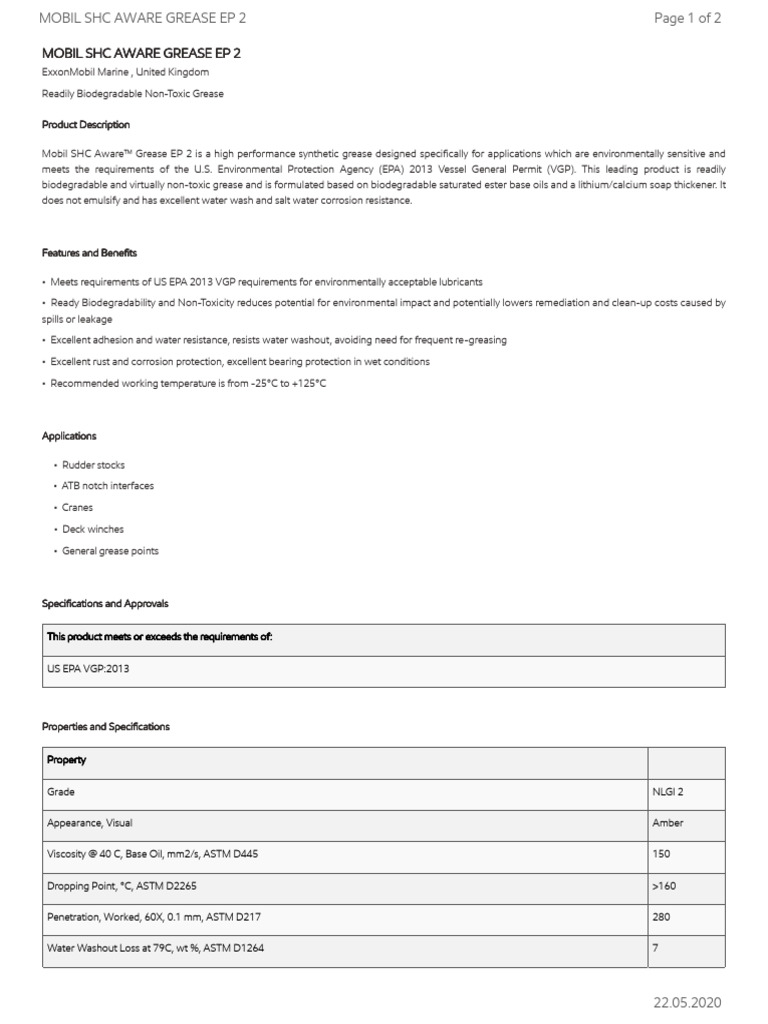 Mobil SHC Aware Grease EP 2 Overview | PDF | Chemical Substances ...
