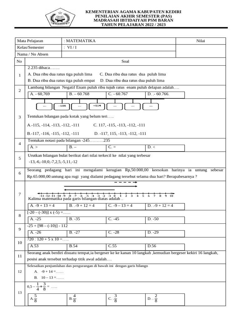 SOAL MM Kelas VI | PDF