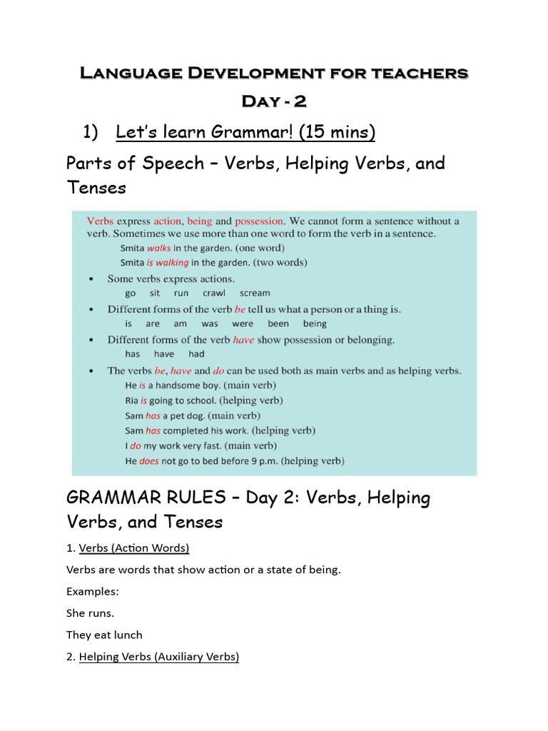 Day 2 Language Development Workbook | PDF | Verb | Grammatical Tense