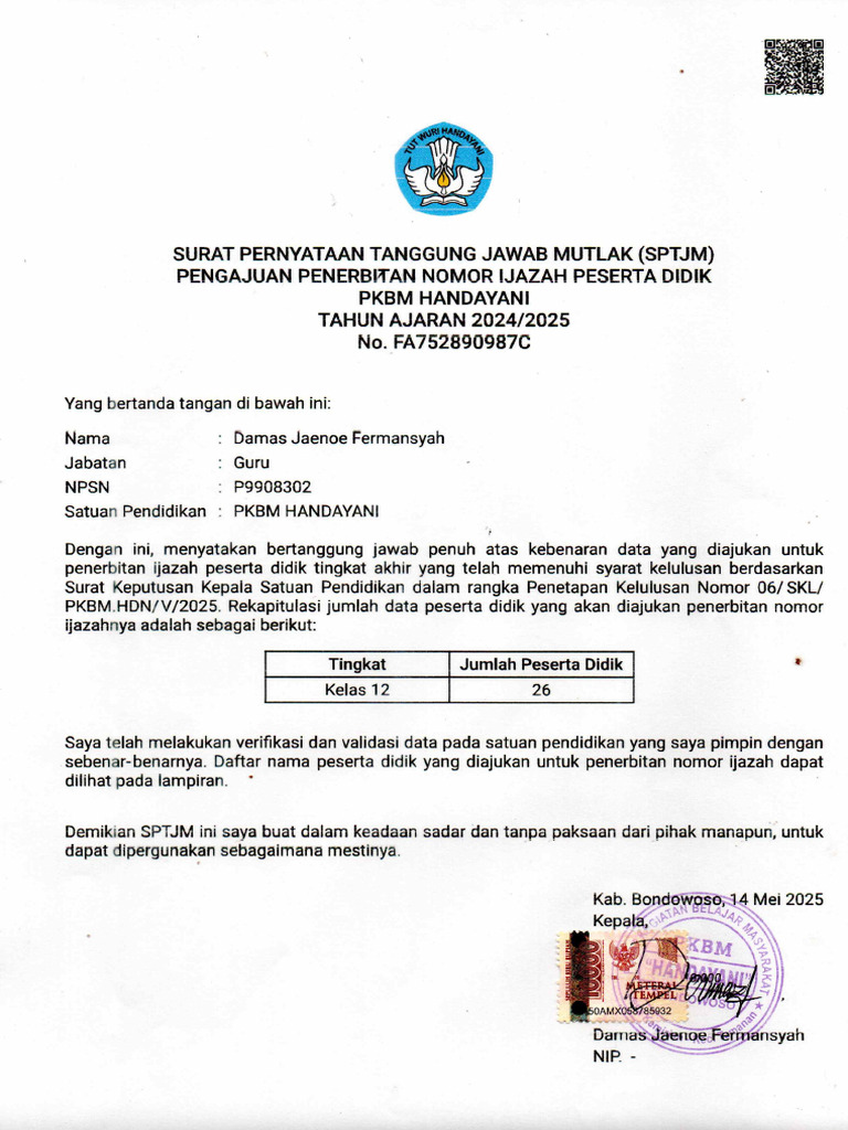 SPTJM PKBM Handayani | PDF