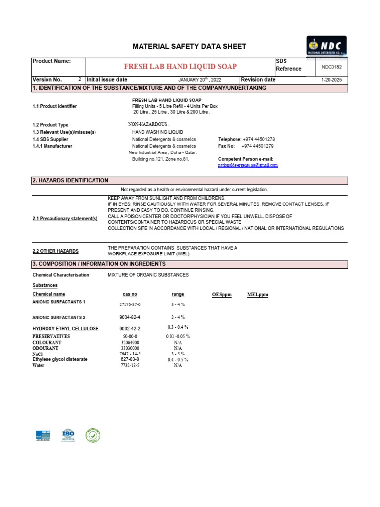 MSDS Fresh Lab Hand Wash Liqiid NDC0183 | PDF | Water | Occupational Safety And Health
