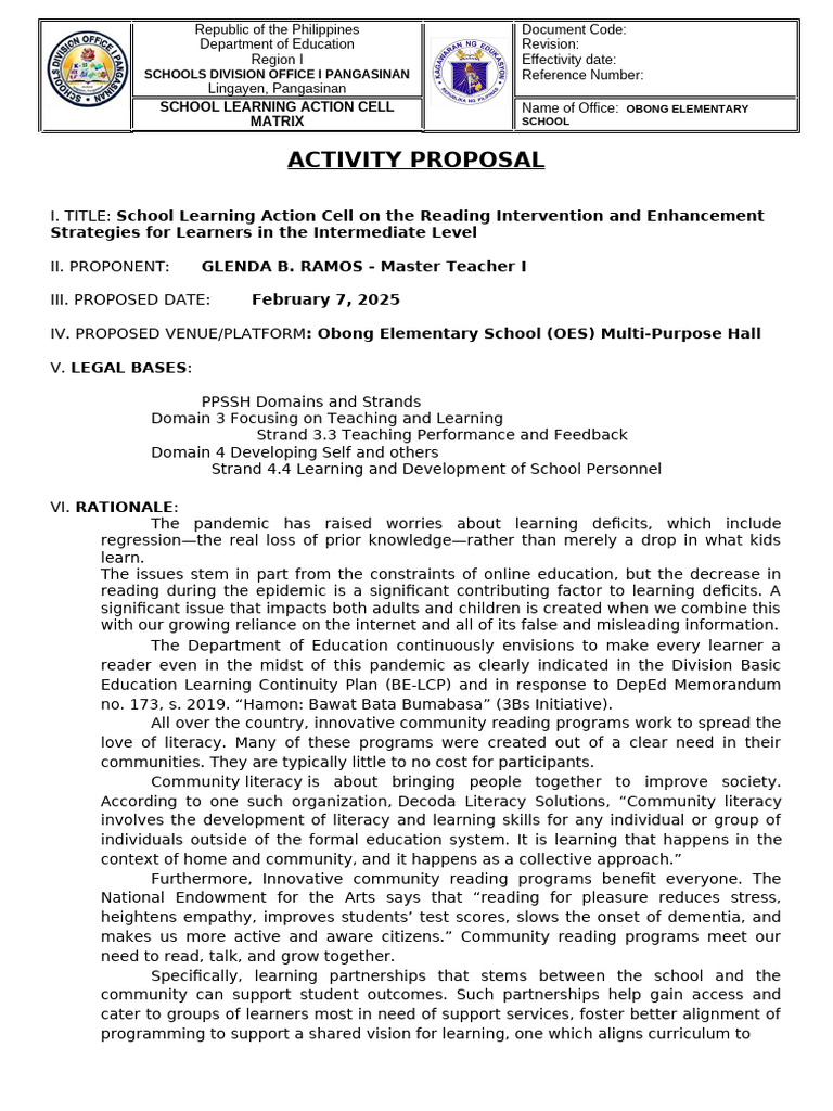GLENDA B. RAMOS - SLAC PROPOSAL - Reading Intervention and Enhancement 2025 | PDF | Literacy ...