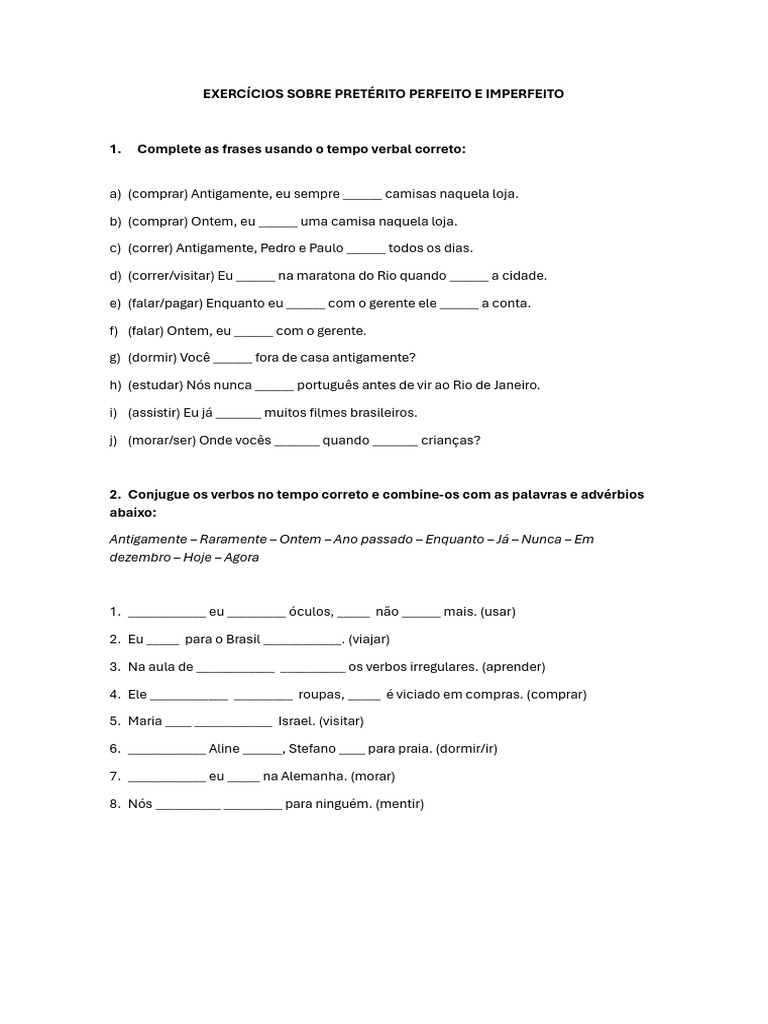 Exercícios Sobre Pretérito Perfeito e Imperfeito | PDF