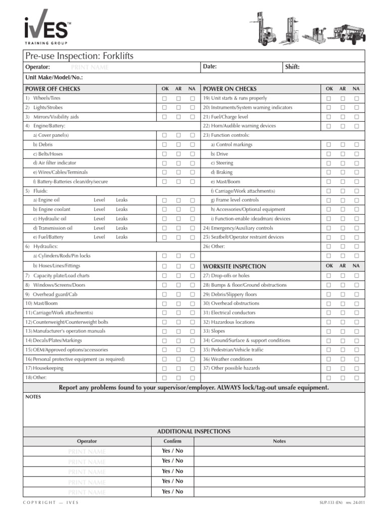 Forklift Pre-Use Inspection Checklist | PDF | Forklift | Vehicles