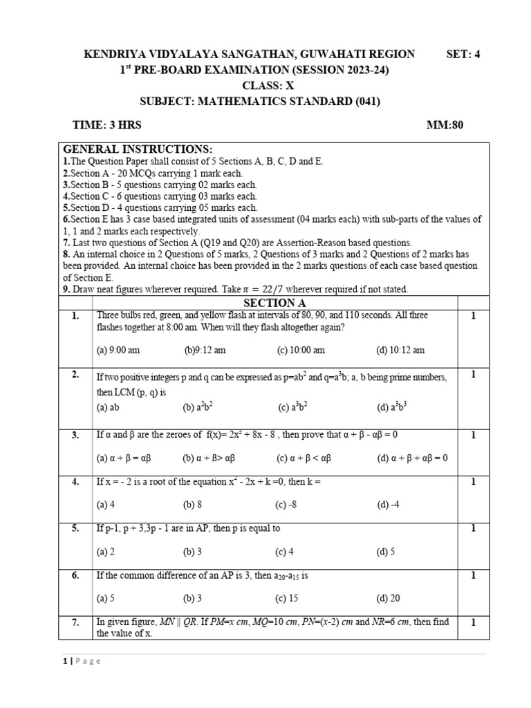 KVS Pre-Board Maths Standard (041) X | PDF | Mathematics | Number Theory