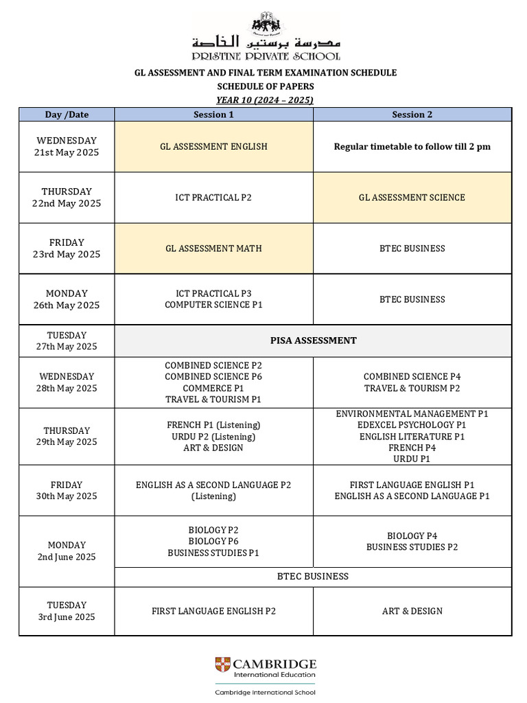 Year 10 GL and Final Term Timetable - Updated | PDF