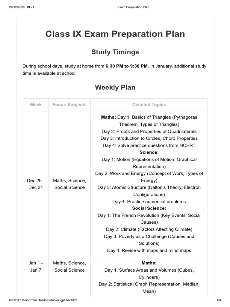Exam Preparation Plan Final | PDF | Mathematics | Science