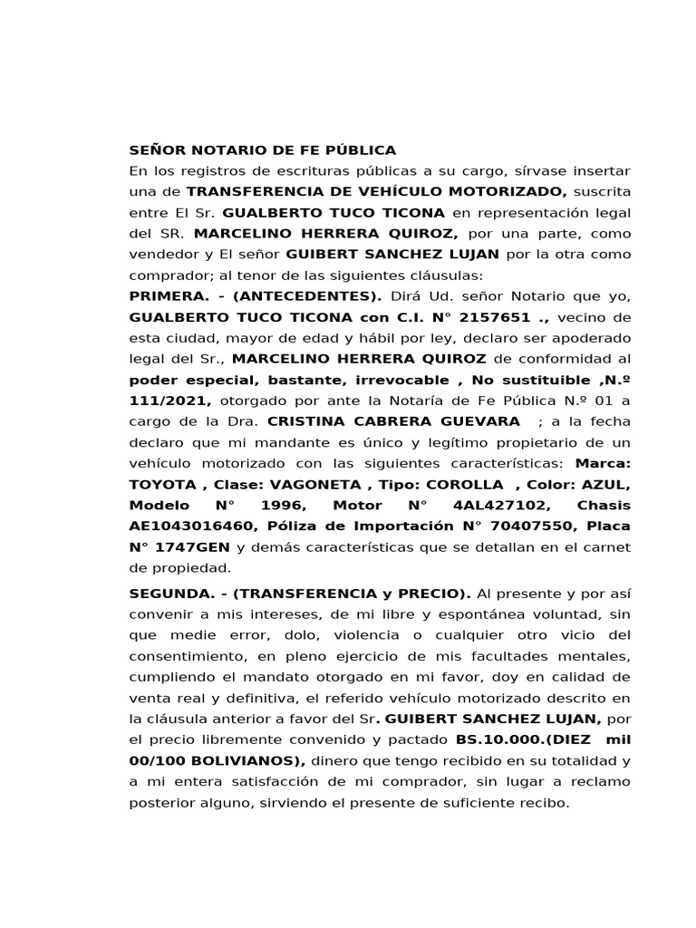 Trans. de Vehiculo Con Poder .01 (Gualberto Tuco Ticona) | PDF