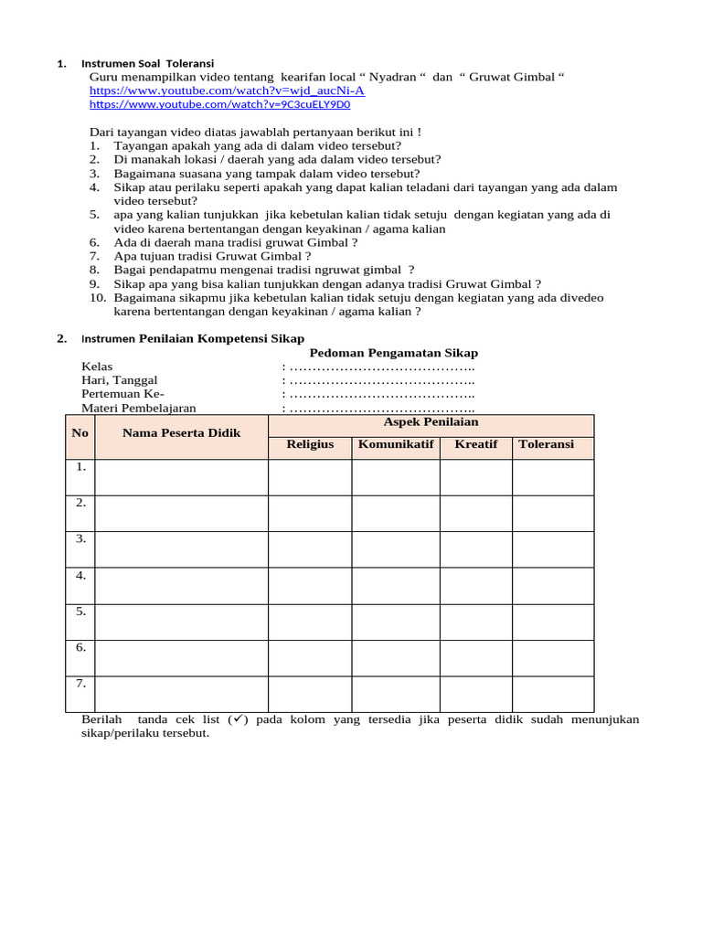 Instrumen Soal Toleransi | PDF